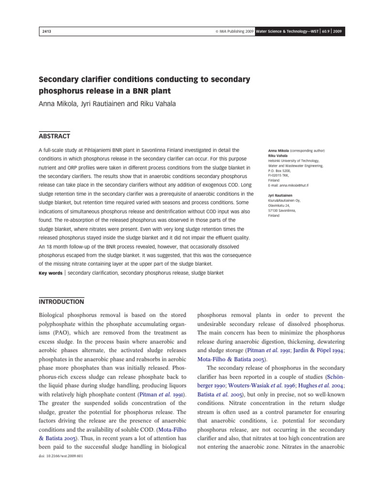 Secondary Clarifier Conditions Conducting To Secondary Phosphorus Release in A BNR Plant | PDF ...