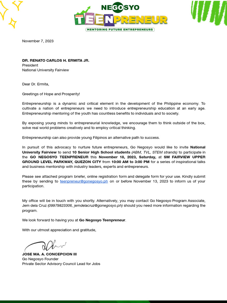 GO NEGOSYO TEENPRENEUR INVITATION LETTER - National University Fairview ...