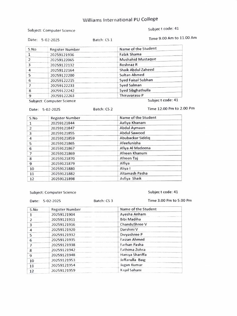 Cs Practical Time Table | PDF