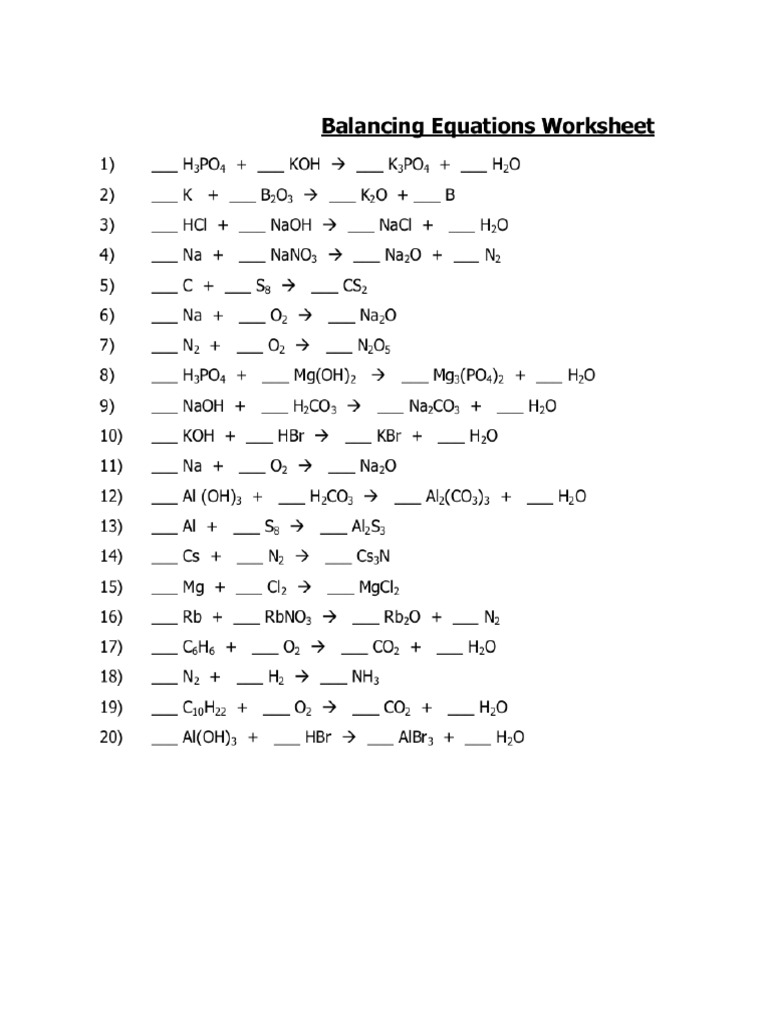 Worksheet Balancing Equations Questions | PDF