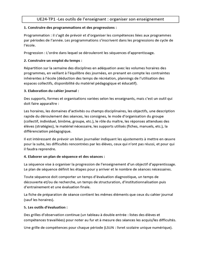 Outils pour organiser l'enseignement | PDF