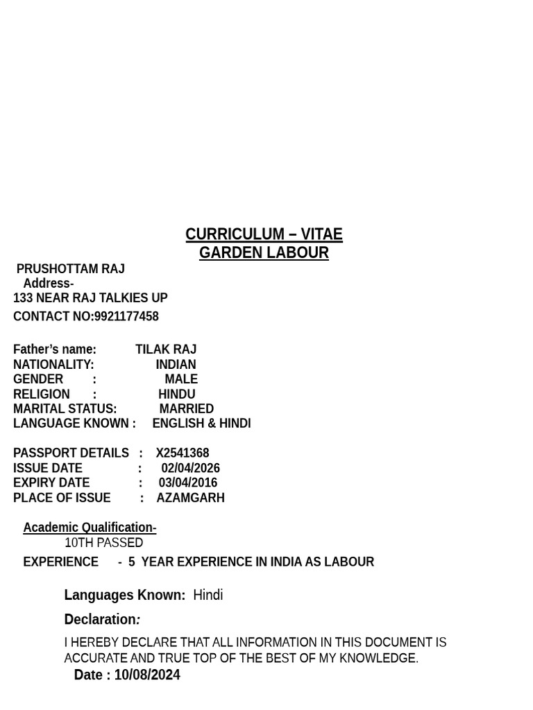 Hindi-Speaking Garden Labour CV | PDF
