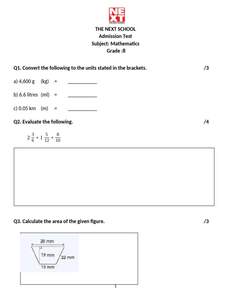 8th Grade Math Admission Test | PDF