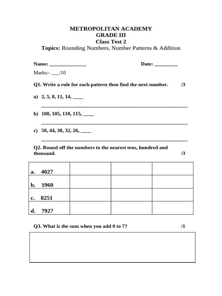 Grade III - Class Test 2 | PDF
