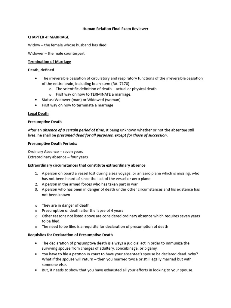 Finals Human Rels Reviewer | PDF | Marriage | Annulment