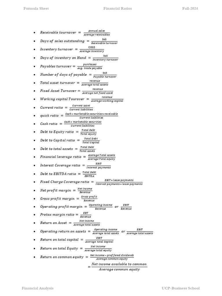 Financial Ratios - Formula Sheet | PDF