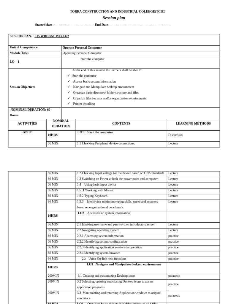 Session Plan Operate Personal Computer | PDF | Directory (Computing) | Computer File
