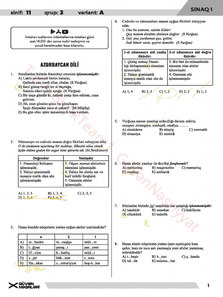 Güvən 11.Sinif Az.dili Blok Sınağı | PDF