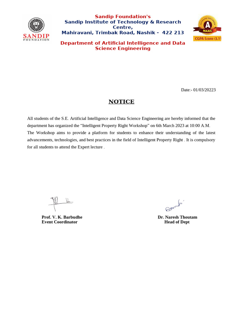 AI & Data Science IPR Workshop Notice | PDF