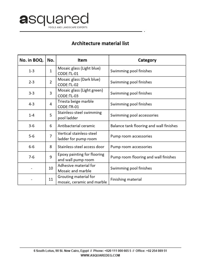 ASQ Architecture Material List and Data Sheet | PDF | Tile | Flooring