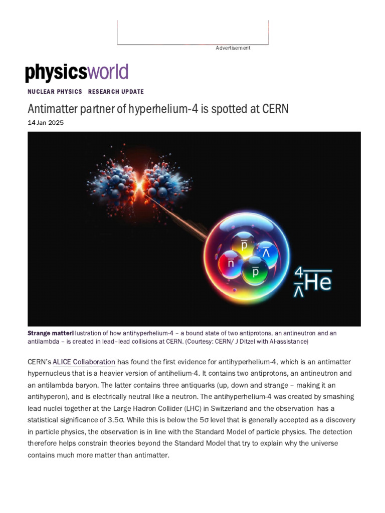 Antimatter Partner of Hyperhelium-4 Is Spotted at CERN - Physics World ...