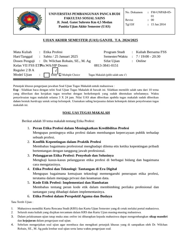 VII FSS ETP REGULER 2 B A Etika Profesi Ganjil 2024 2025 | PDF