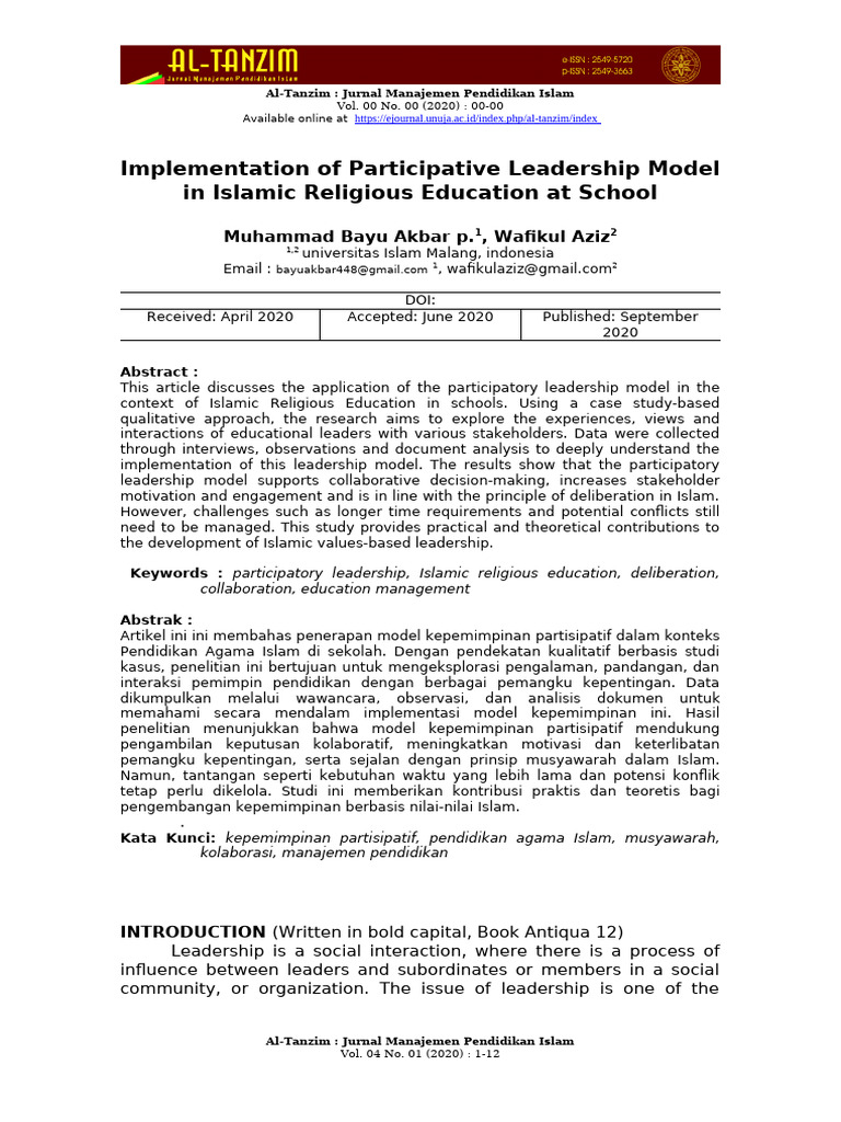 Implementation of Participative Leadership Model in Islamic Religious ...