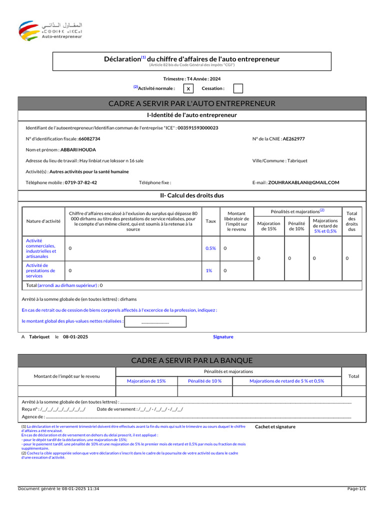Déclaration CA Auto-Entrepreneur T4 2024 | PDF | Micro-entrepreneur ...