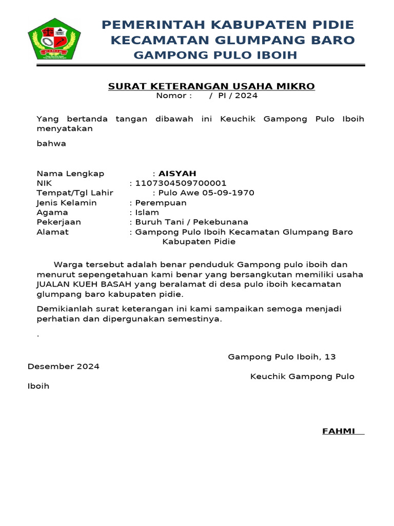 Surat Usaha Mikro | PDF