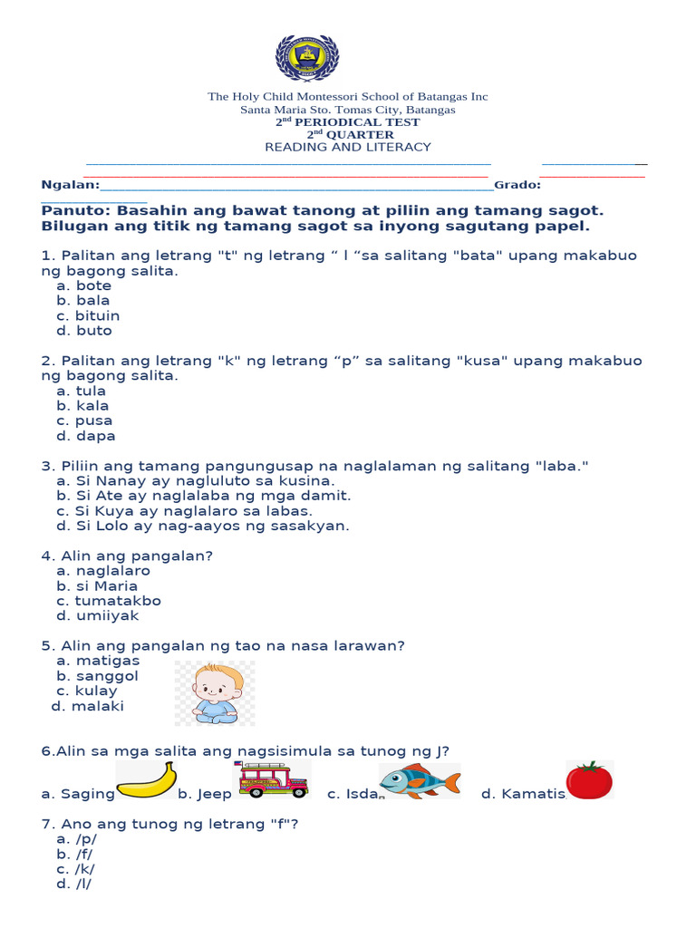 PT GRADE 1 MATATAG READING and LITERACY 1 | PDF