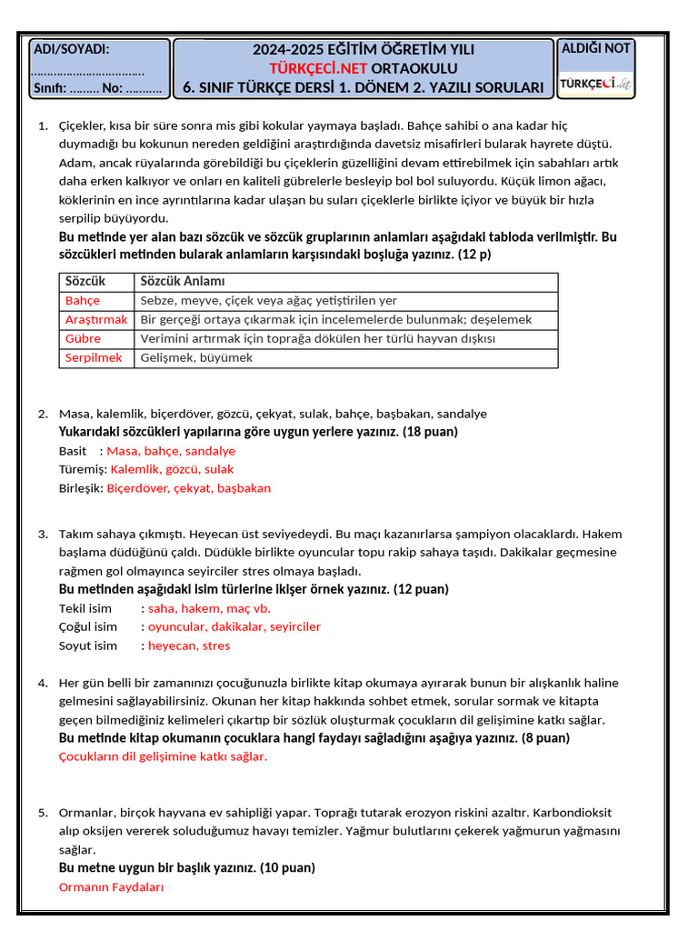 2024 2025 Egitim Ogretim Yili Turkce Dersi 6. Sinif 1. Donem 2. Yazili YILDIRIM Yayinlari 4 ...