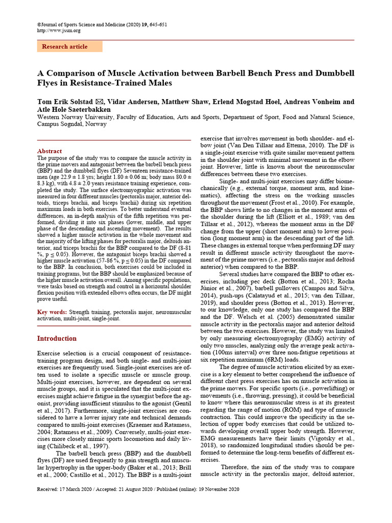 Muscle Activation: Barbell vs Dumbbell Press | PDF | Electromyography | Arm