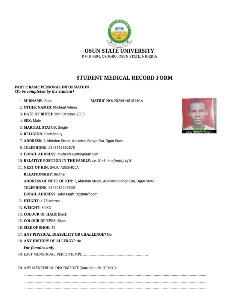 2024 Student Medical Record Form - . | PDF | Diseases And Disorders ...