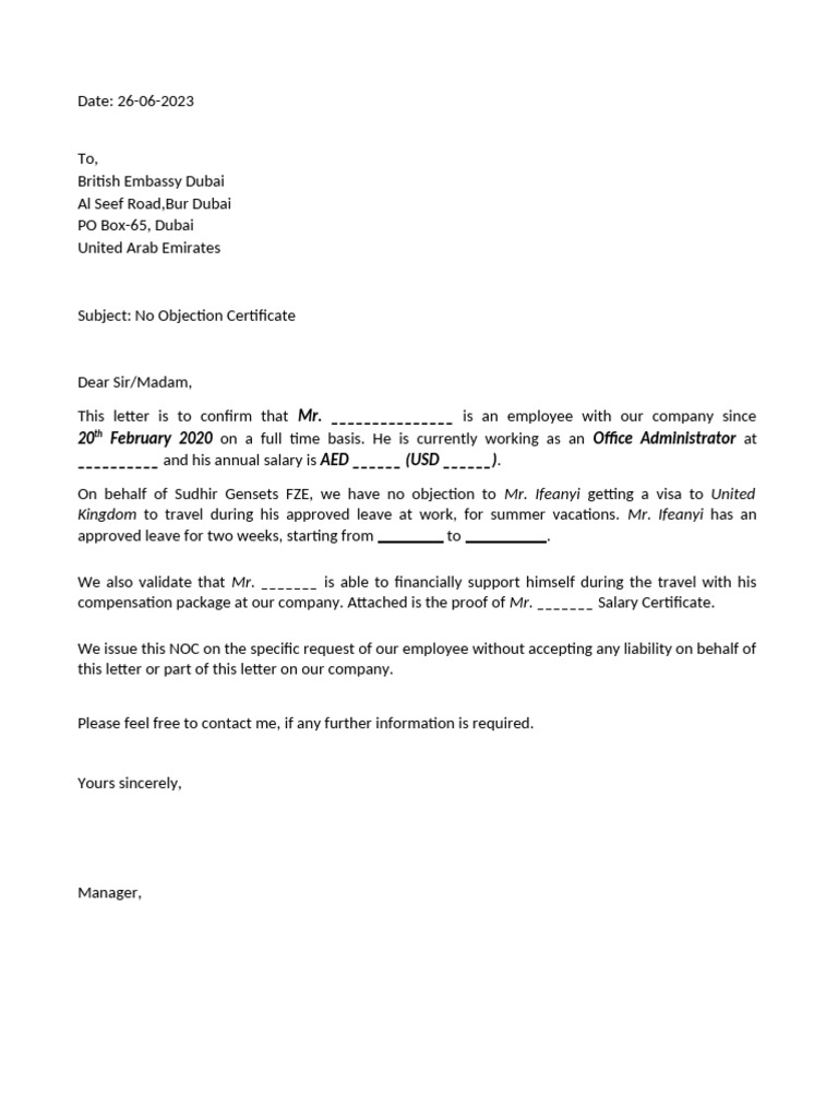 NOC for UK Visa Travel Approval | PDF