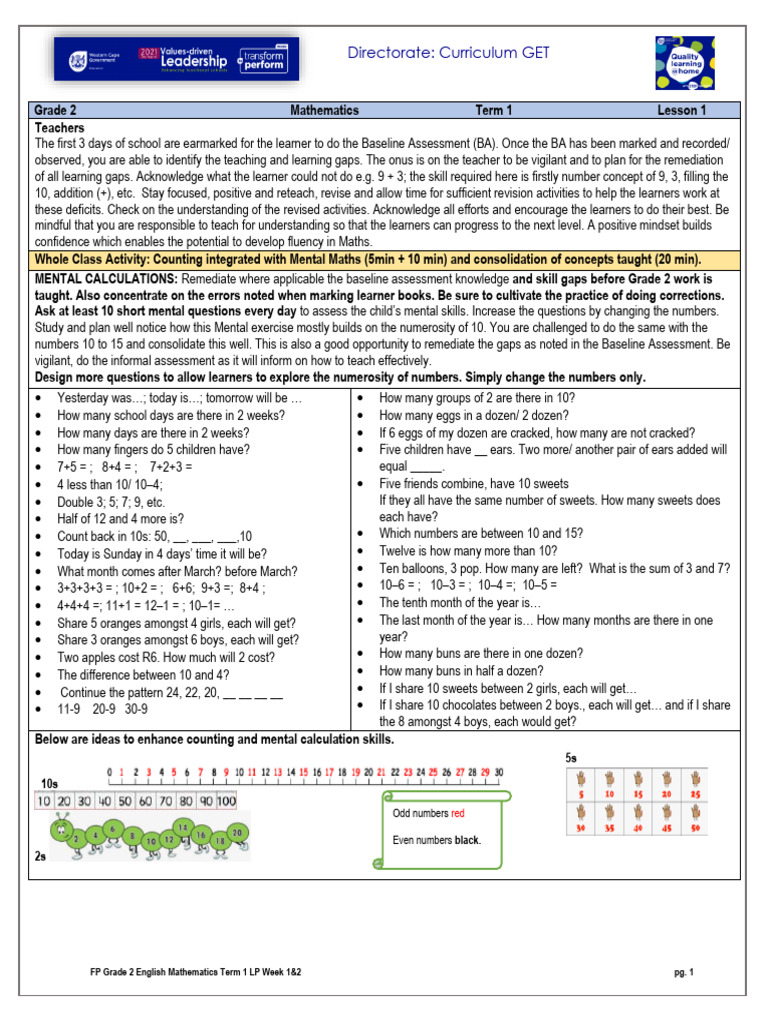 FP Grade 2 Mathematics Lesson Plan Term 1 Week 1&2 | PDF | Learning ...