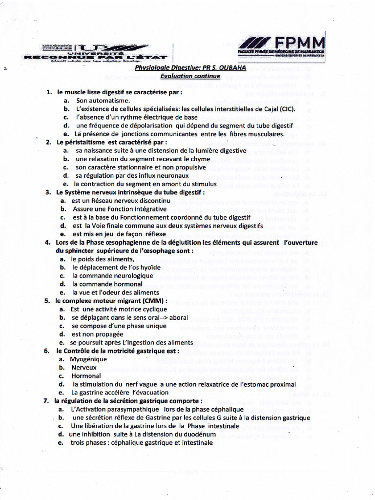 Physiologie Digestive 2019-2020 Controle Continu | PDF