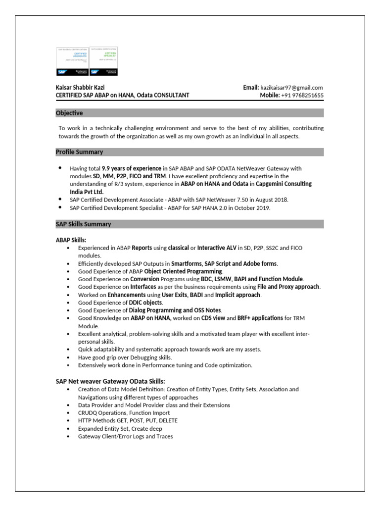 KaisarKazi Certified SAP ABAP | PDF | Information Technology | Computing