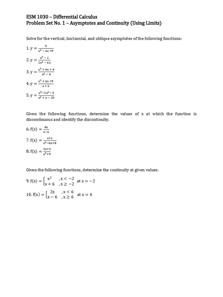 Asymptotes and Continuity Problem Set | PDF