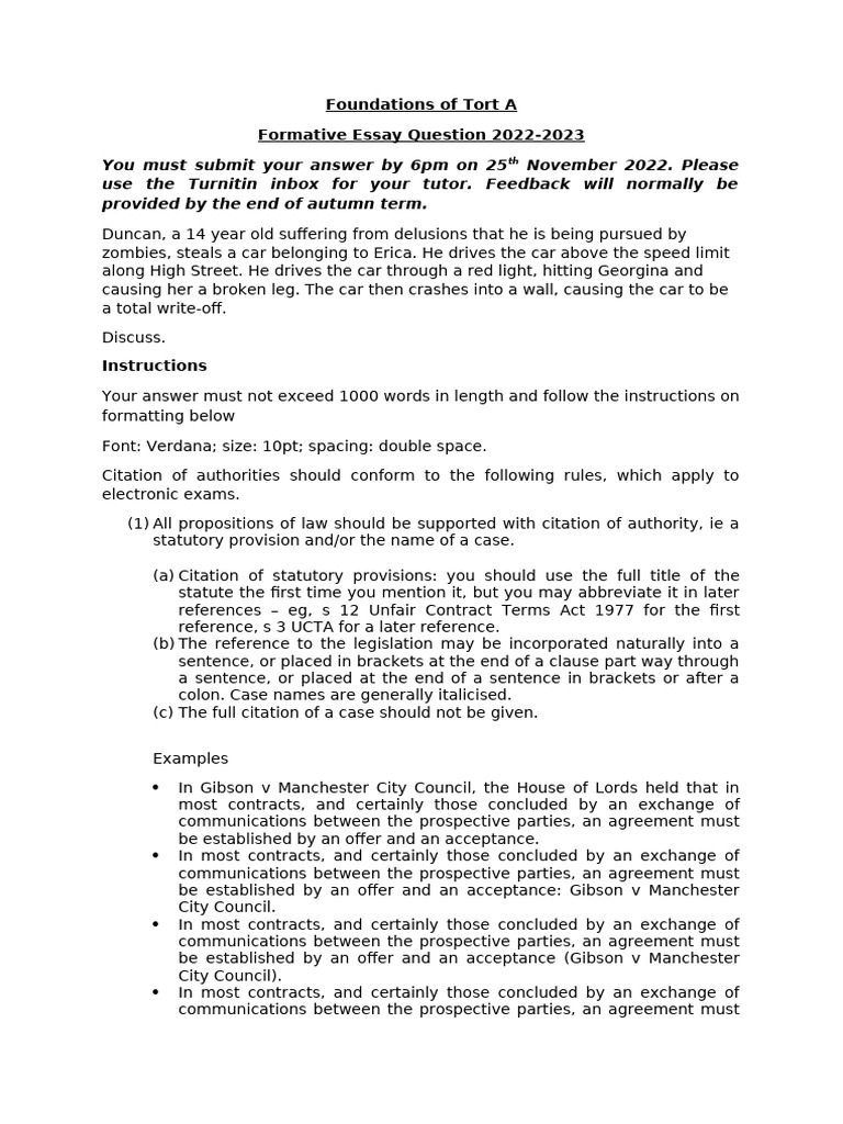 Foundations of Tort Autumn Formative Essay 2022-2023 | PDF | Note (Typography) | Justice