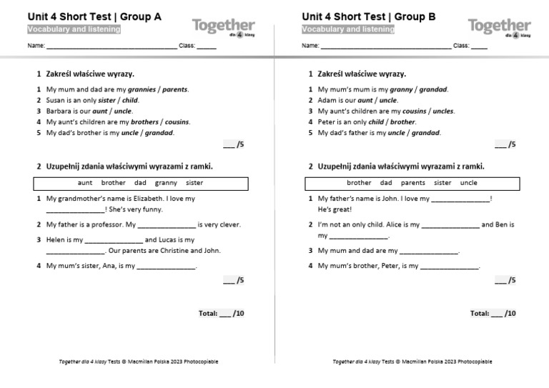 Unit 4 Vocabulary Test for Grade 4 | PDF | Family | Living Arrangements