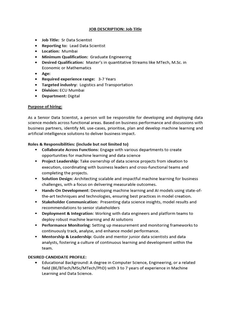 JD - Senior Data Scientist - ECU Worldwide, Mumbai - 2024 (2) - 1 | PDF | Artificial ...