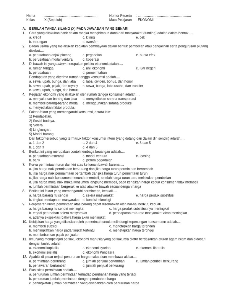 Soal Ekonomi Kelas X | PDF