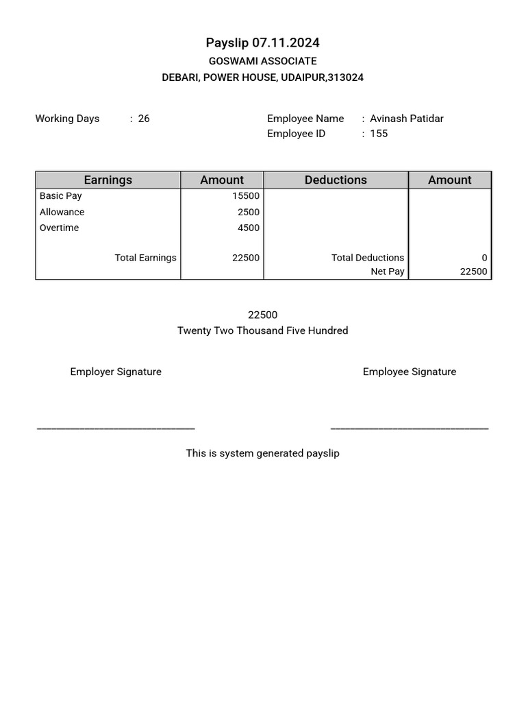 Payslip for Avinash Patidar - Nov 2024 | PDF