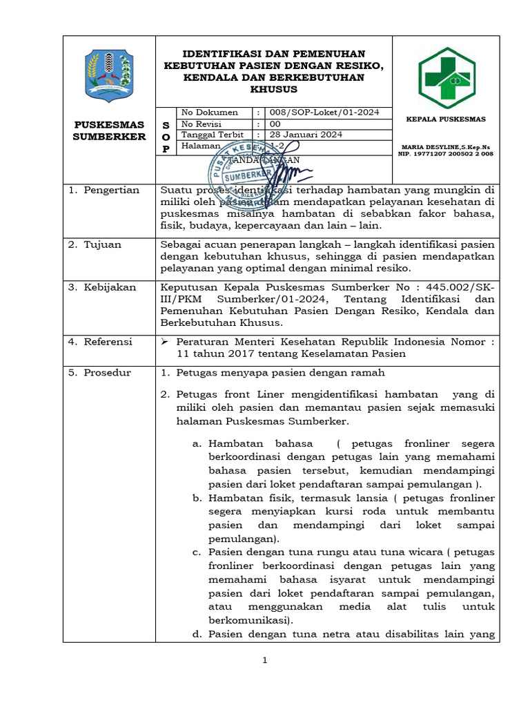 3.1.1. Sop Identifikasi Dan Pemenuhan Kebutuhan Pasien Dengan Resiko | PDF