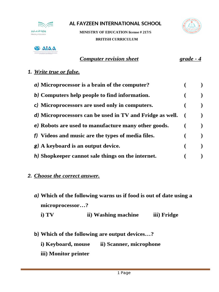 Compputer Rev Sheet Grade 4 (2020-21) | PDF