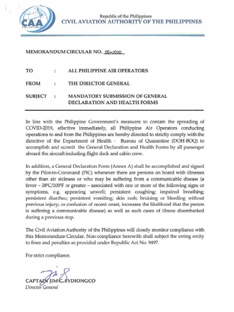 MC 06-2020 Mandatory Submission of General Declaration and Health Form ...