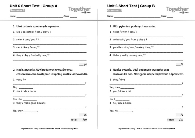 Together Kl4 U6 Short Test Grammar 2 AB | PDF