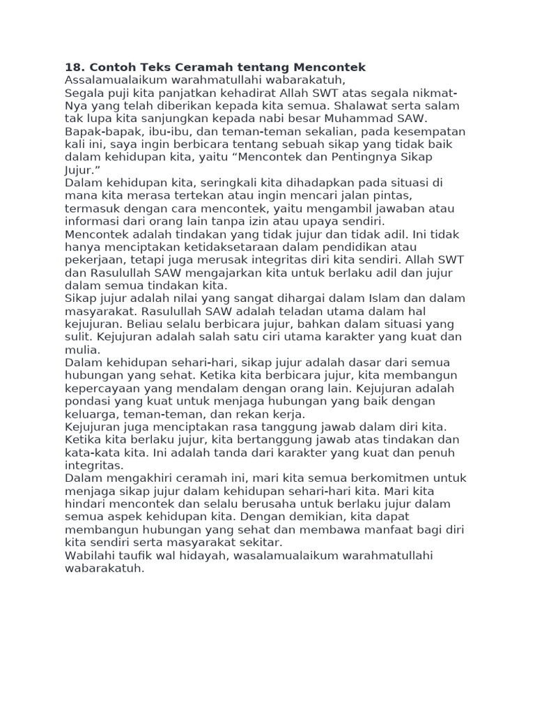 Contoh Teks Ceramah Tentang Mencontek | PDF