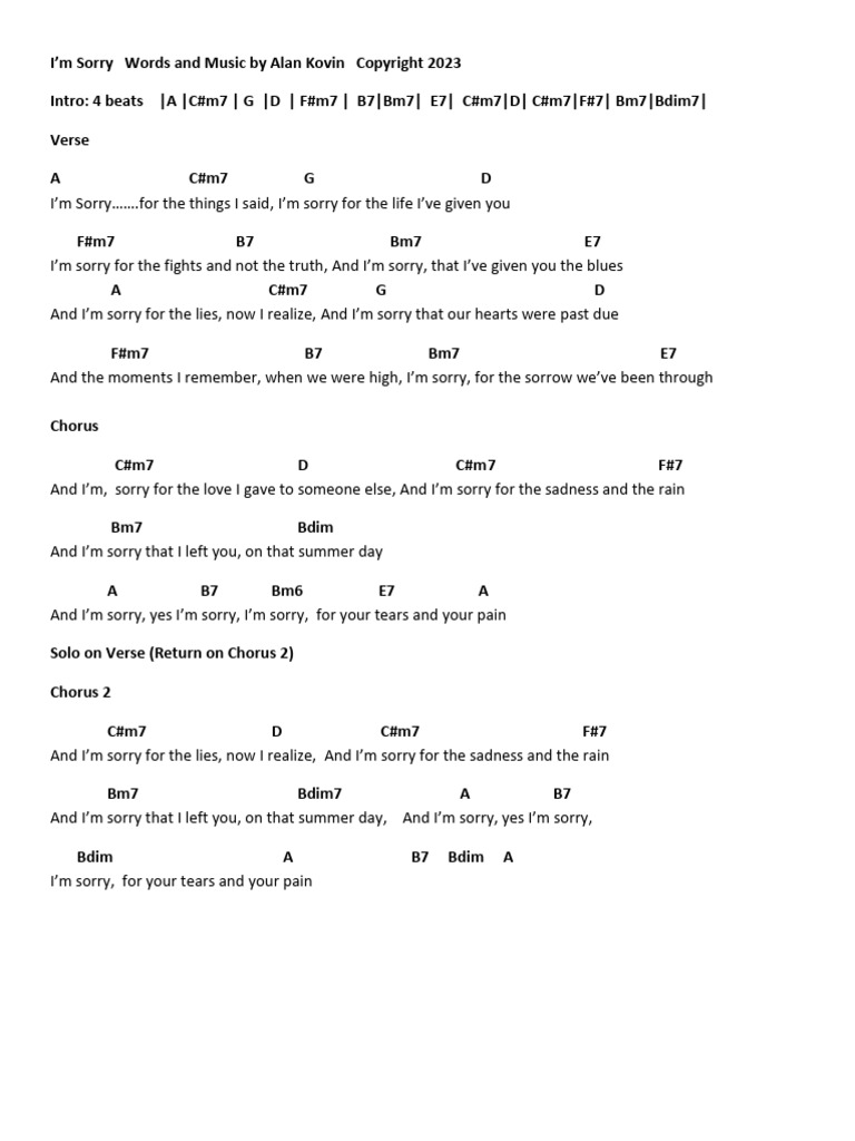 Im Sorry Lyrics With Chords | PDF | Song Structure | Songs
