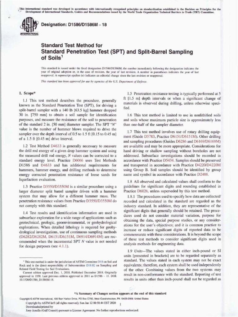 ASTM-D 1586 Standard Penetration Test (SPT) and Split-Barrel Sampling | PDF