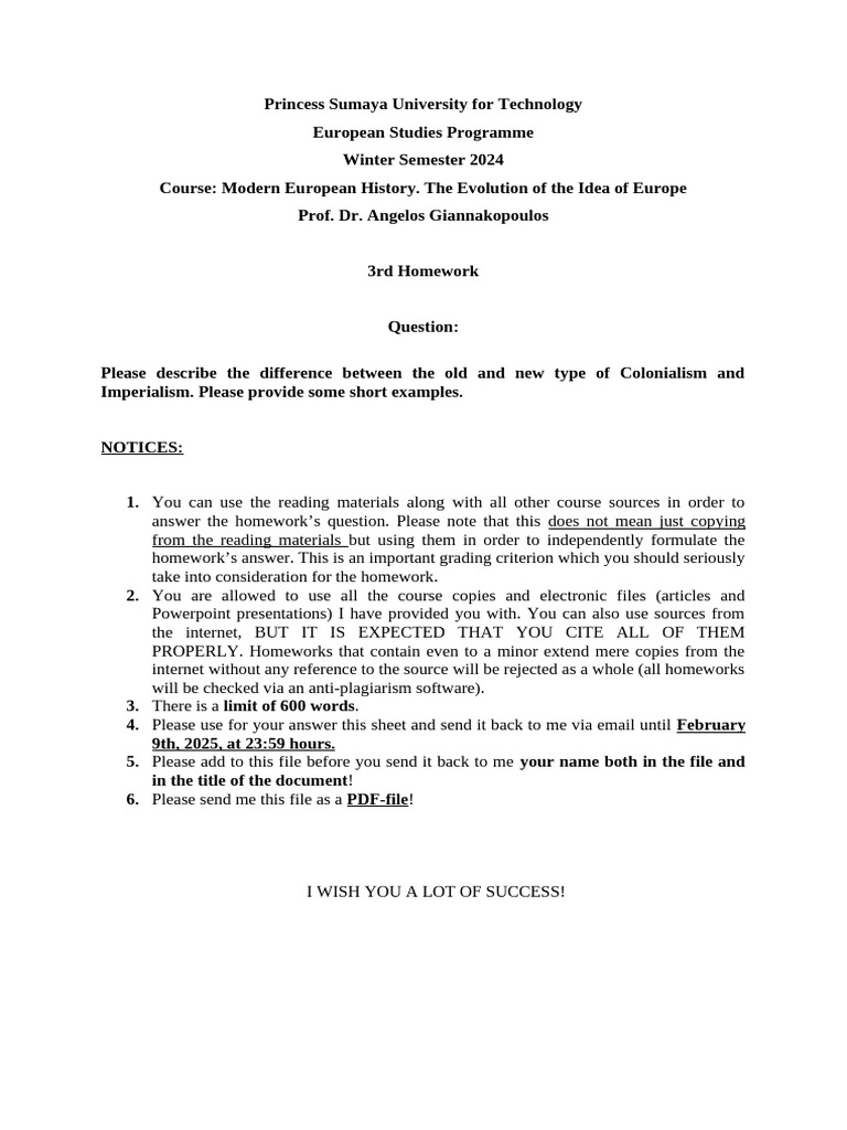 PSUT European History Third Homework | PDF