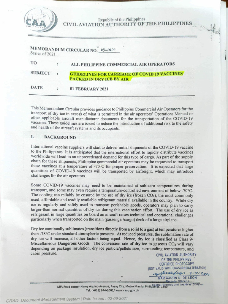 MC 05-2021 - Guidelines for Carriage of COVID-19 Vaccines Packed in Dry ...