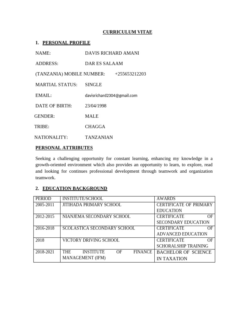 Davis Amani's CV: Taxation Expert | PDF