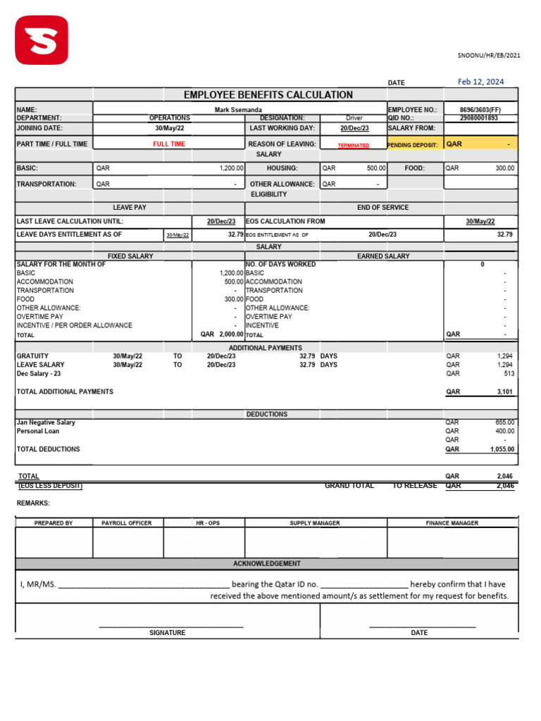 Final Settlement Mark Ssemanda | PDF | Salary | Payroll