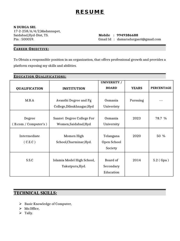 MBA Fresher Resume - N Durga Sri | PDF