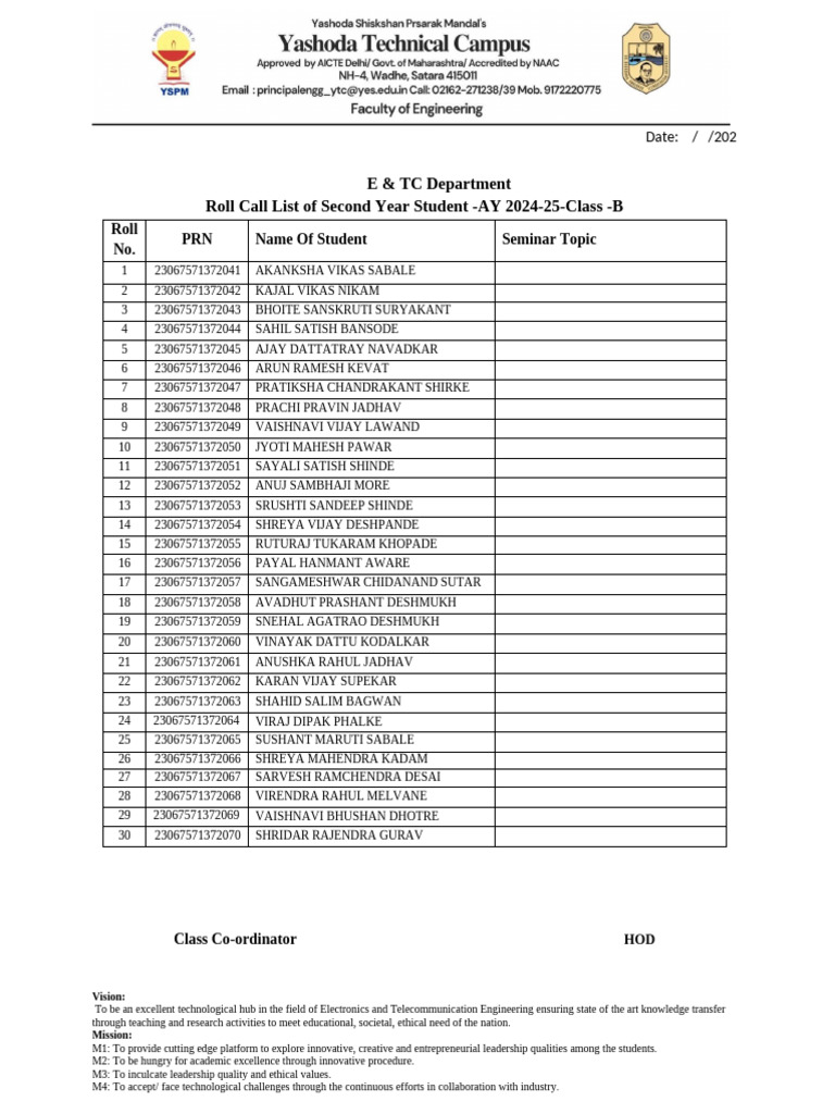 Roll Call List - 2024-25-SY-B | PDF