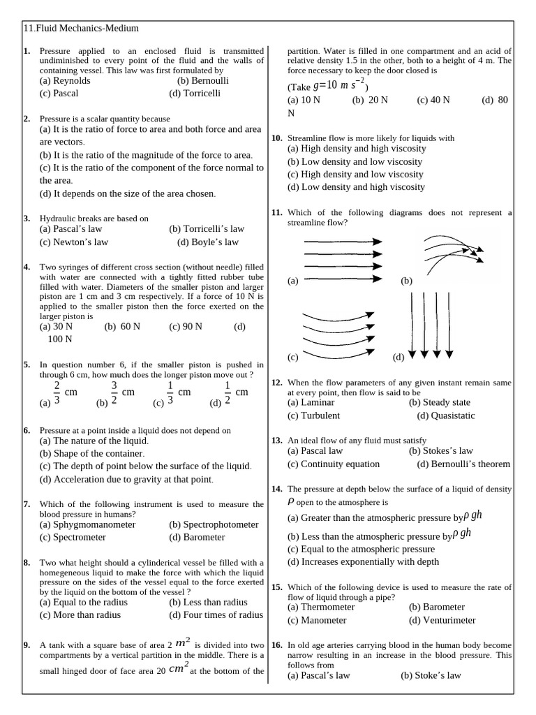 Fluid Mechanics Quiz | PDF | Liquids | Pressure