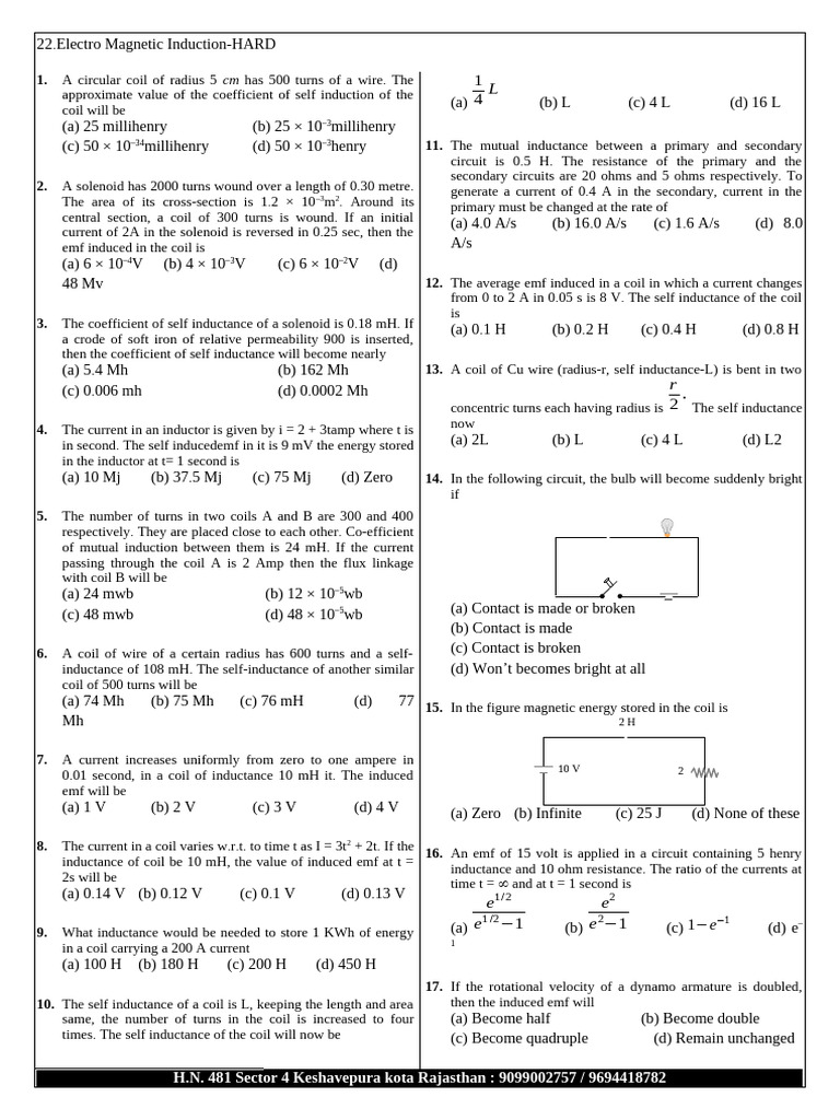 Electromagnetic Induction Quiz | PDF | Inductance | Inductor