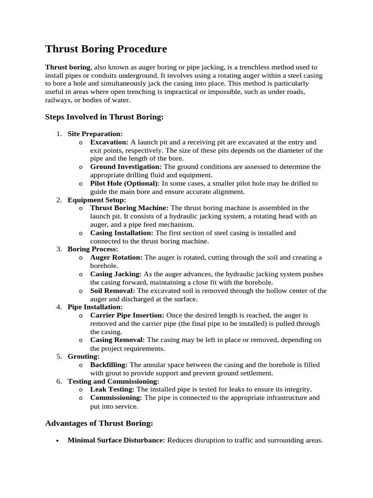Thrust Boring Procedure Overview | PDF | Casing (Borehole) | Drilling