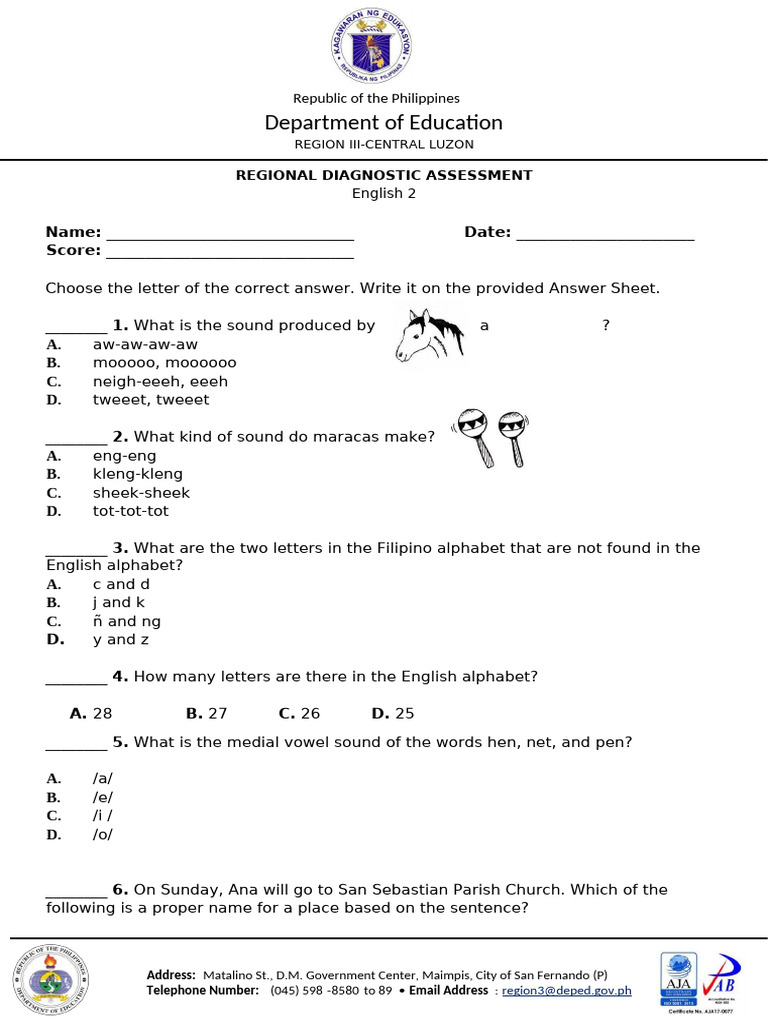 Diagnostic Assessment Tool in English Grade 2 | PDF | English Language ...